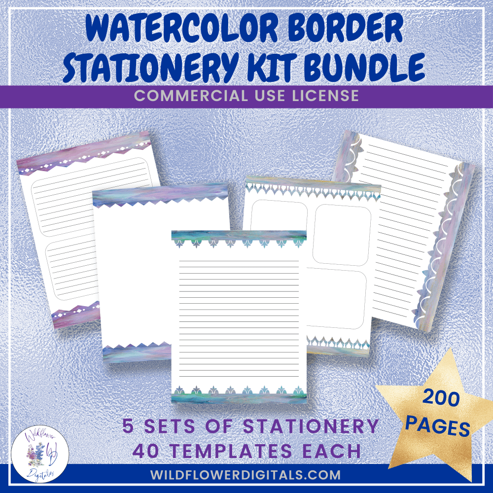 Watercolor Border Stationery Kit - Wildflower Digitals